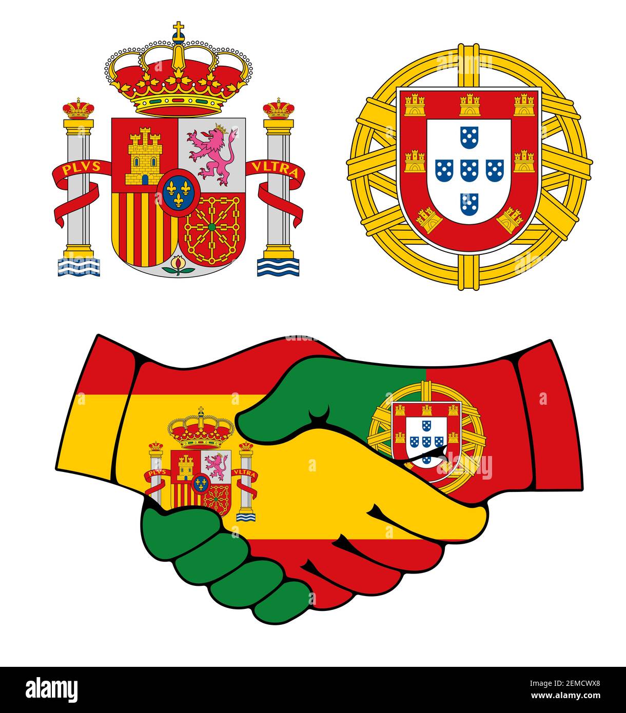 Handshake of Portugal and Spain hands, country coat of arms, vector ...