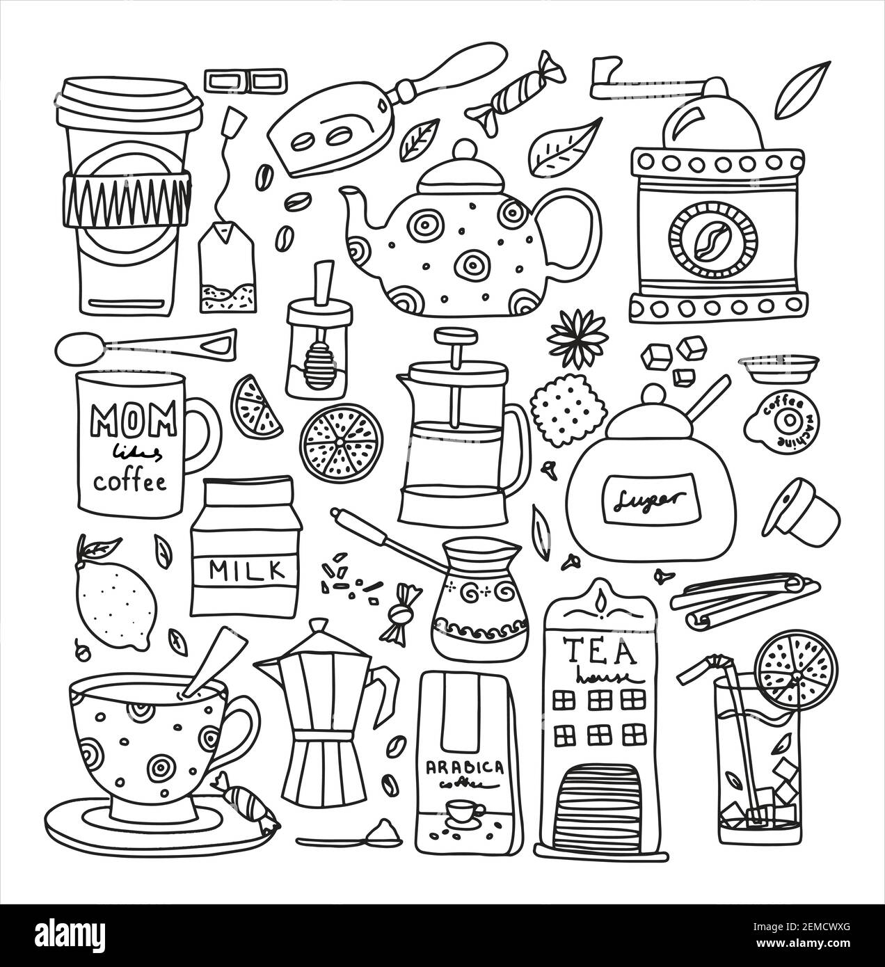 Big set of hand drawn coffee and tea doodles. A set of isolated vector ...