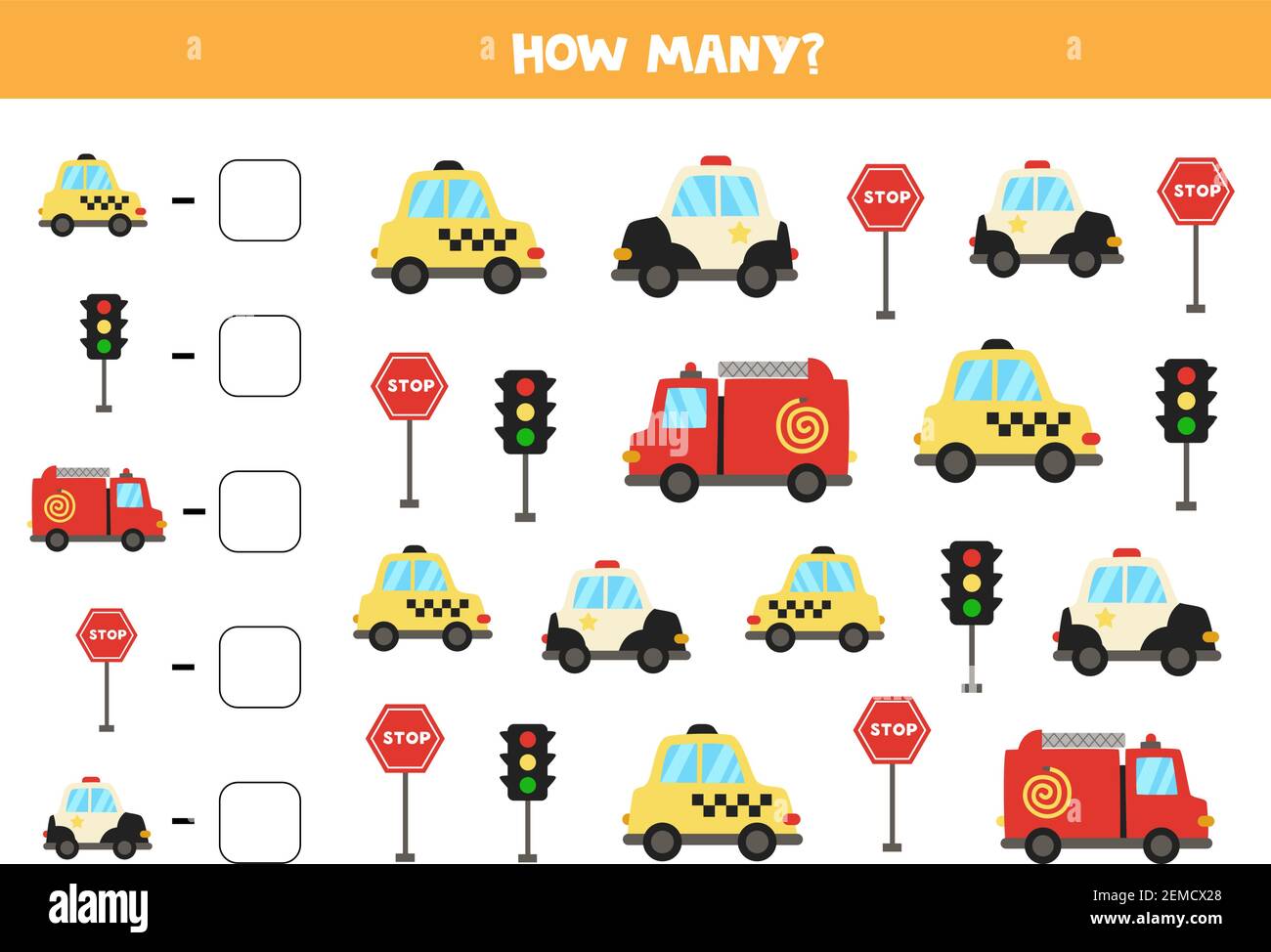 Count all transportation means and write the number into box. Math game ...