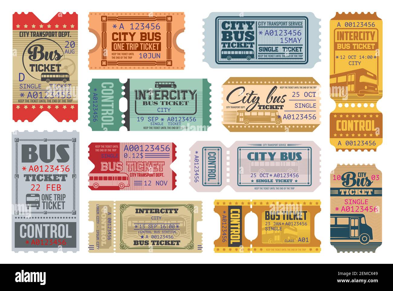 Bus tickets retro coupons, city public transport and intercity bus trip ...