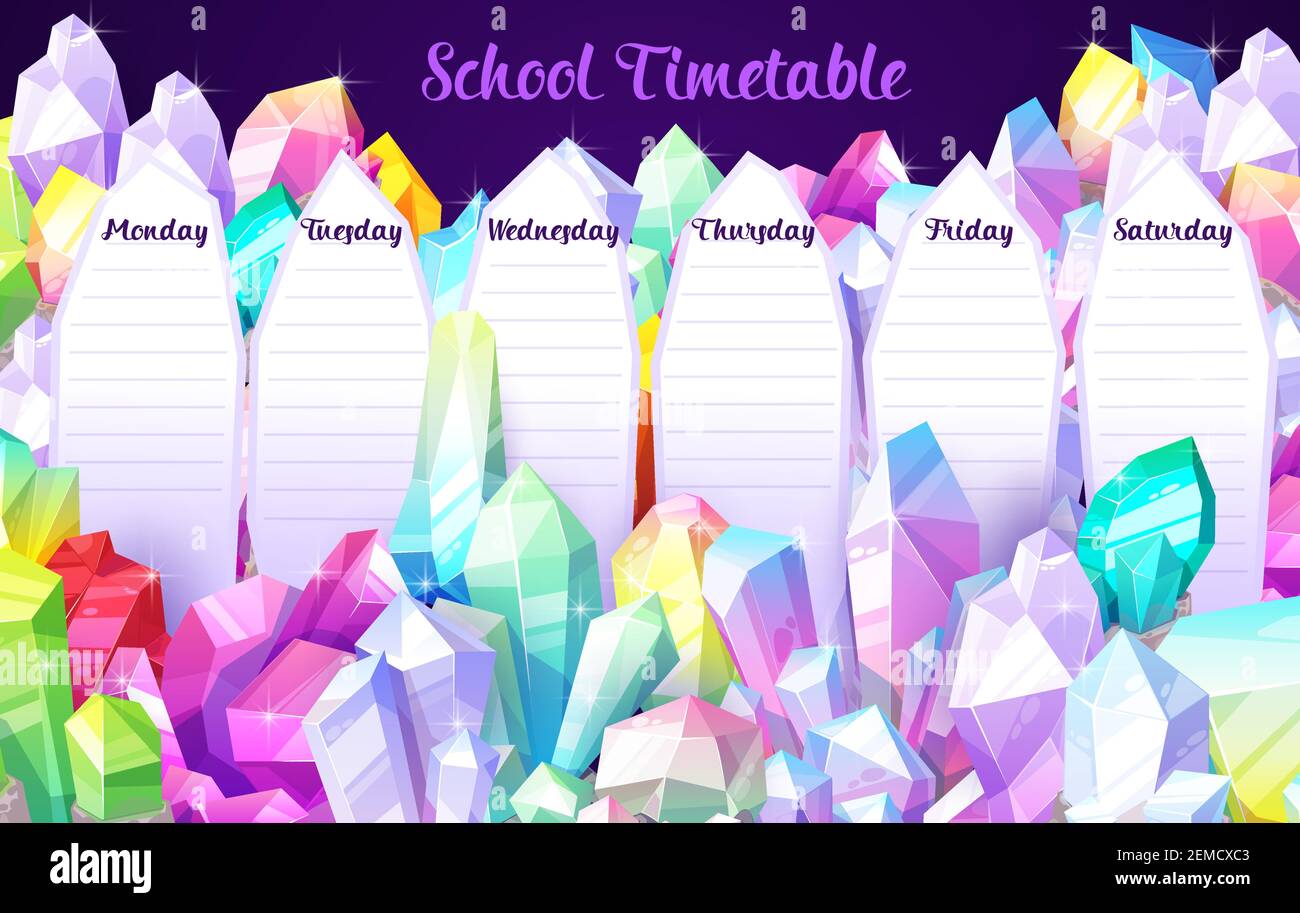 School timetable vector schedule template with cartoon crystal gems ...