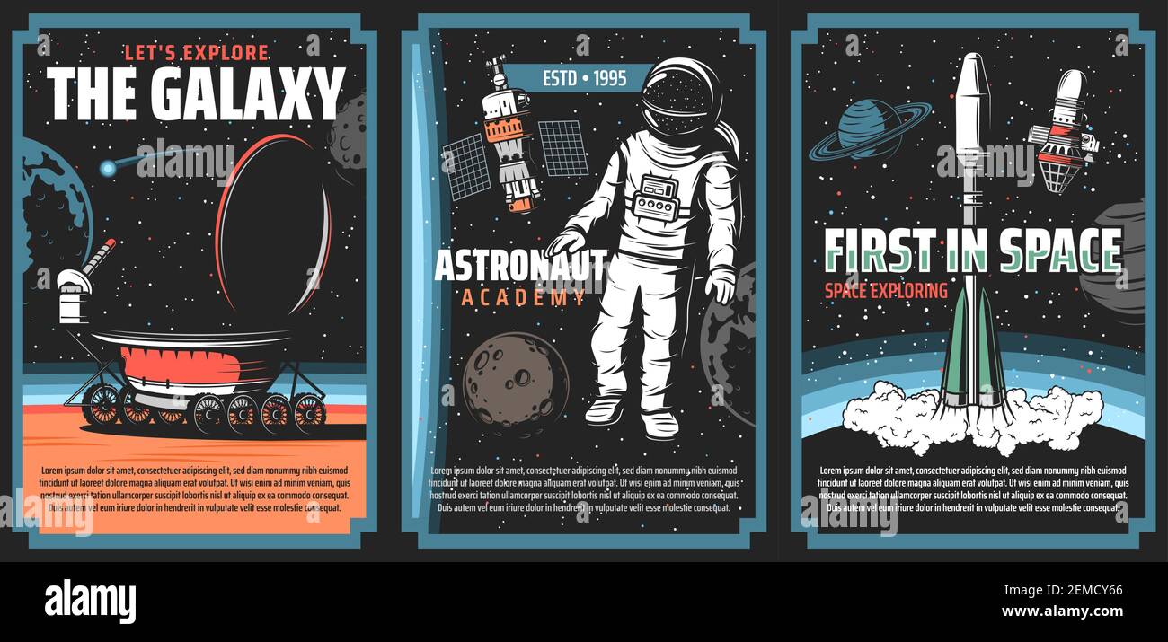 Outer space explore, vector retro posters Galaxy exploration, cosmos ...