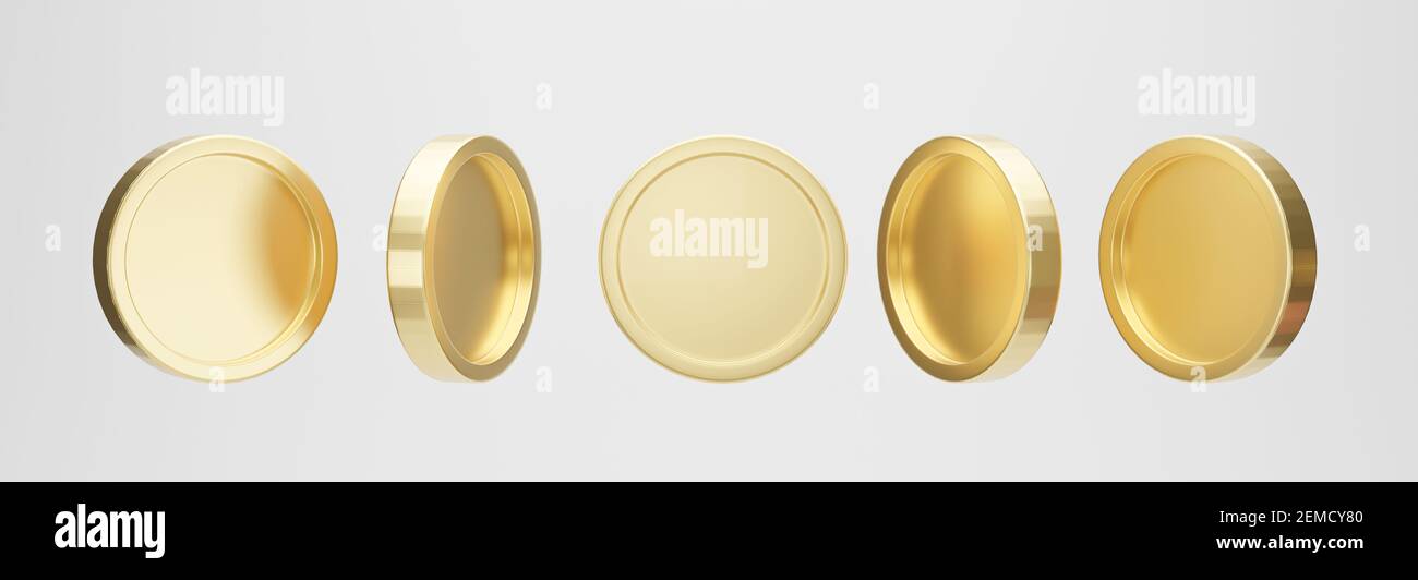 Set of golden coin in different shape on white background. 3d rendering ...