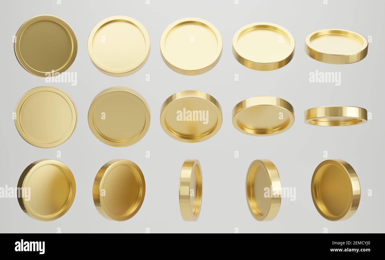 Set of golden coin in different shape on white background. 3d rendering ...