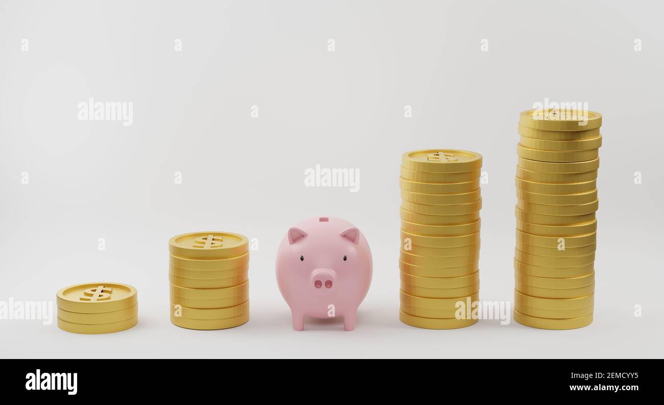 Pink piggy bank and golden coins of growing graph on white background ...