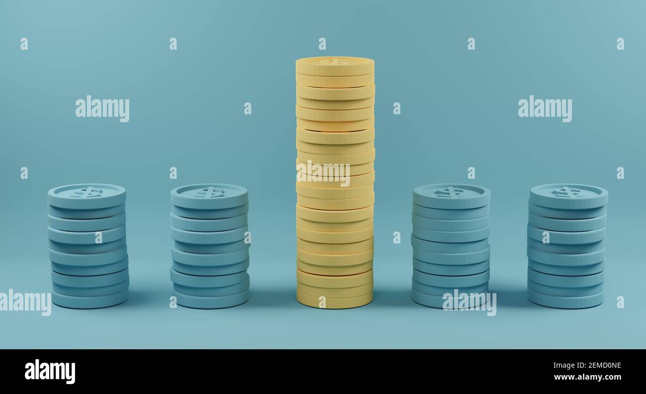 Yellow coin stacks standing out from crowd of identical blue fellows on ...