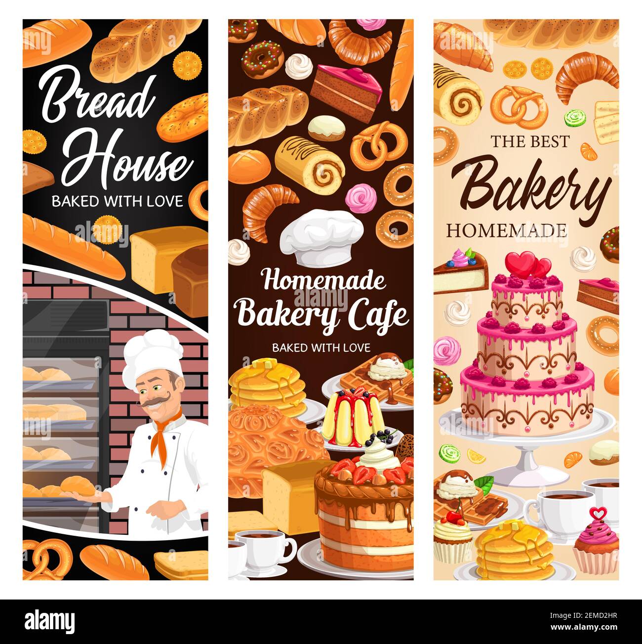Desserts, cakes and bakery vector banners. Baker with bake bagels and ...