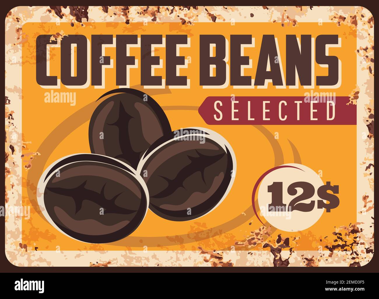 Coffee beans vector plate. Selected roasted grains on old rusty metal ...