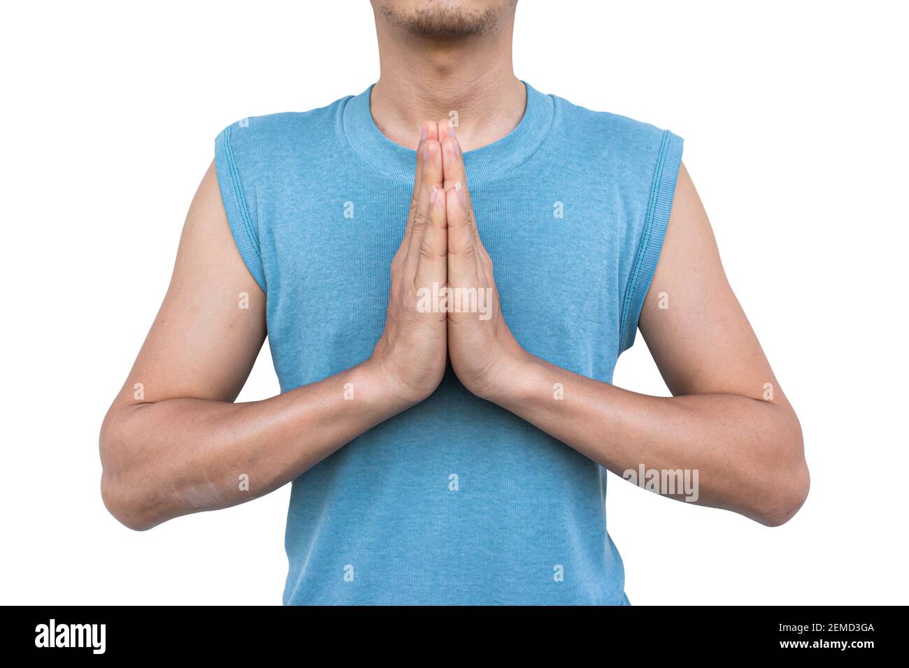 Picture of young guy hand in prayer or meditation isolated on white ...