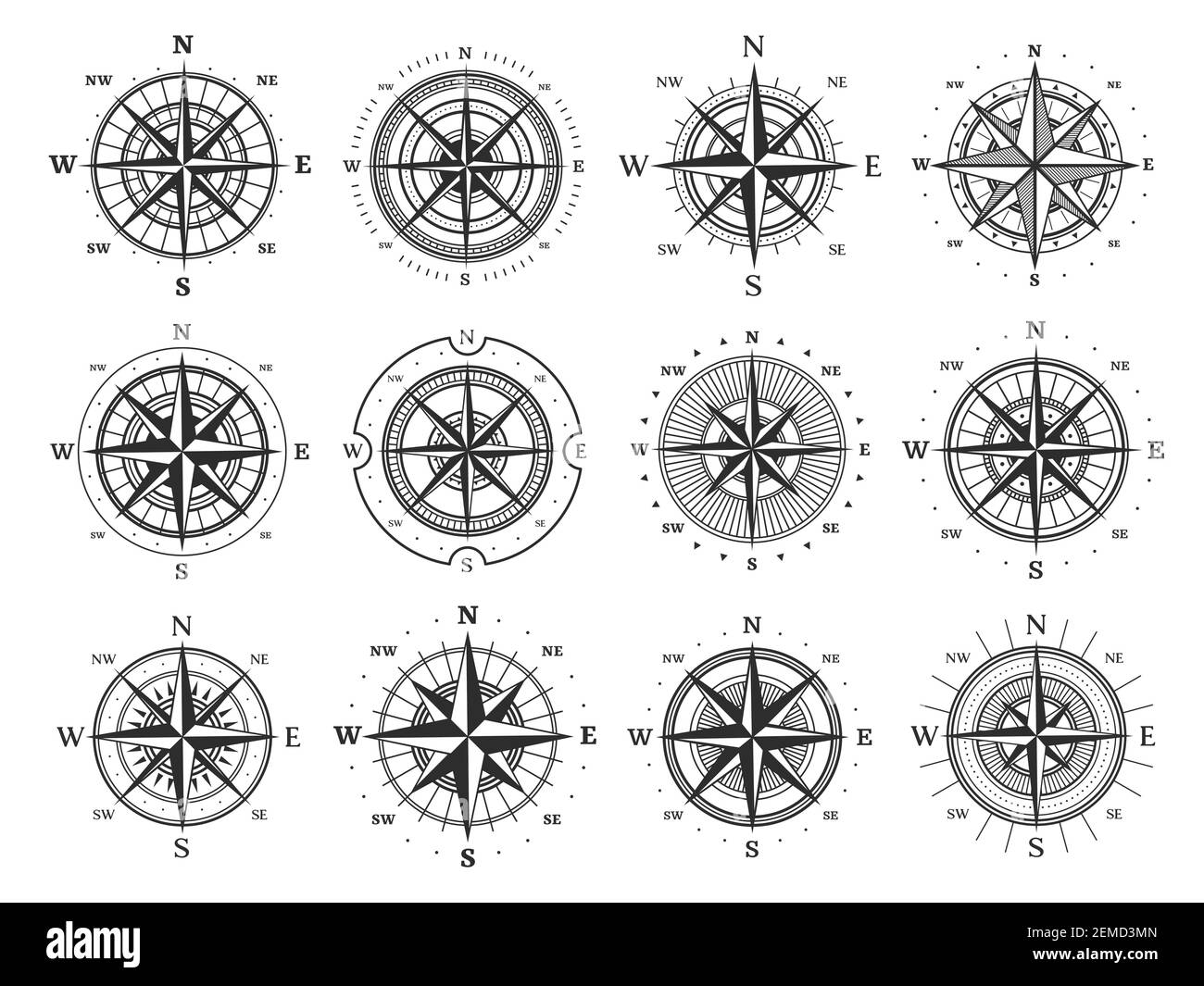 Nautical Compass Wind Rose Vector Icons Isolated Vintage Symbols Of