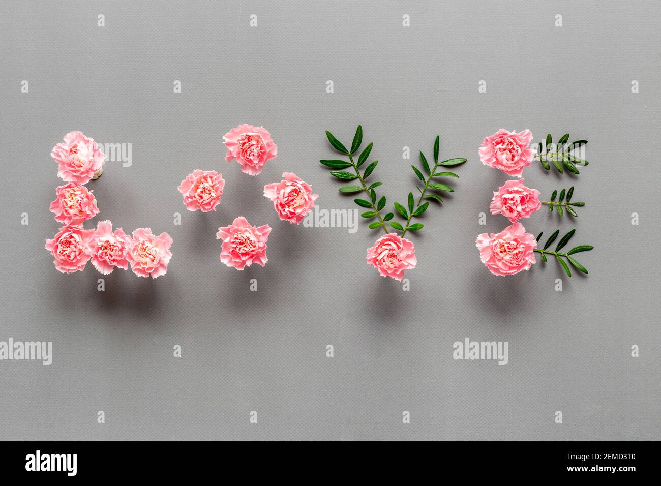 Word Love for greeting card of flowers and leaves. Top view Stock Photo ...