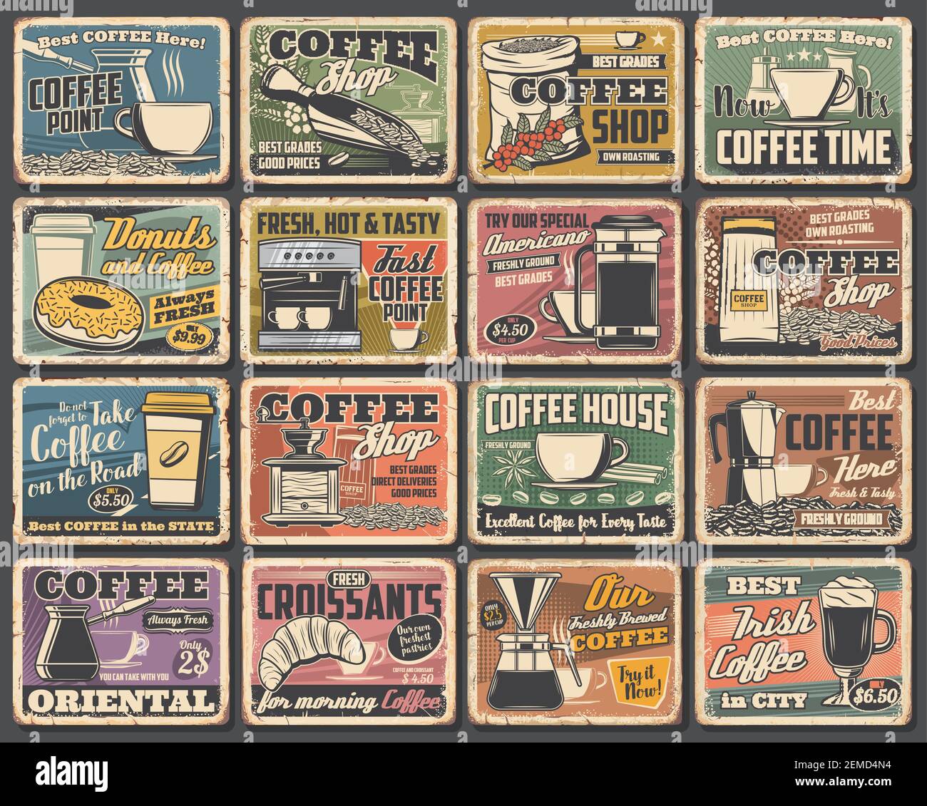 Coffee cups and espresso machine grunge posters of cafe vector design ...
