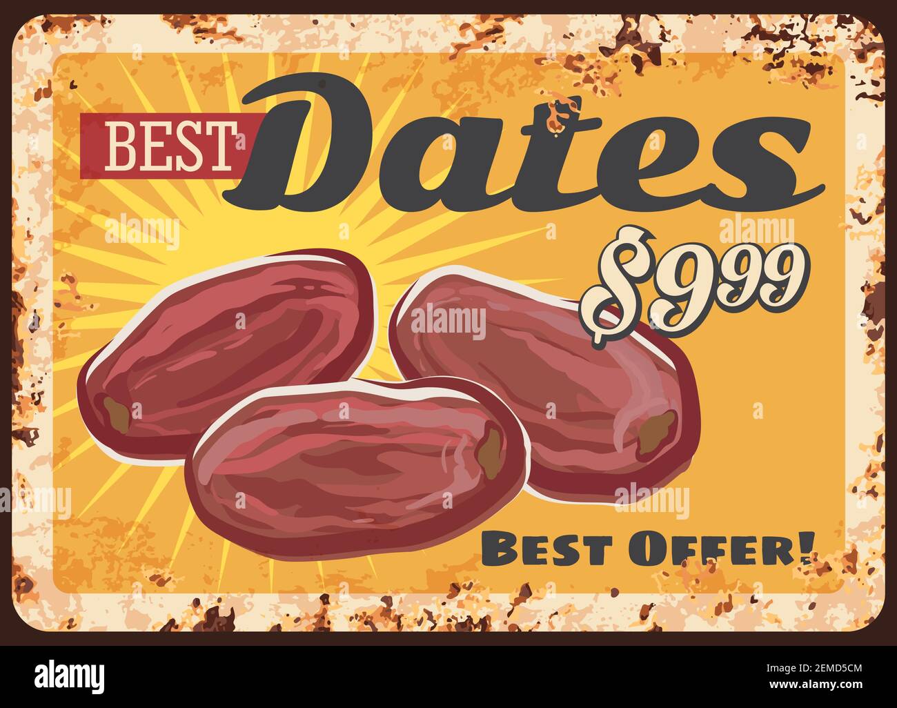 Dates dried fruits metal plate, food rusty vector vintage poster ...