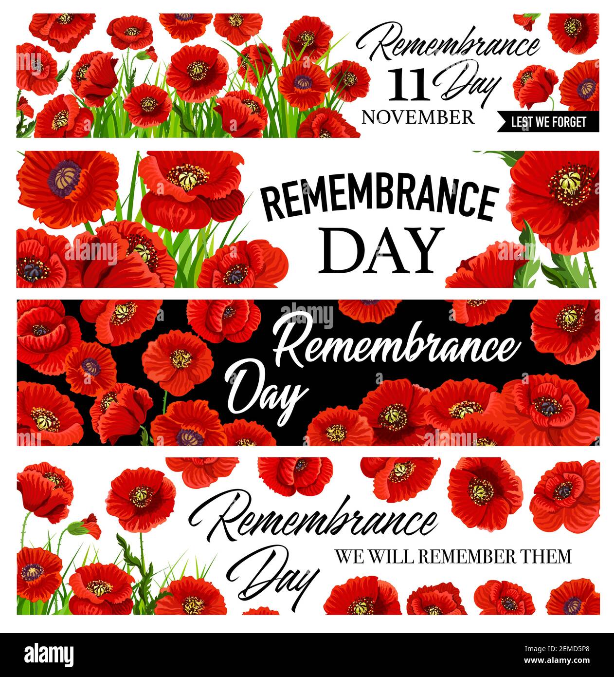 11 November Remembrance Day banners set with poppy flowers. Vector ...