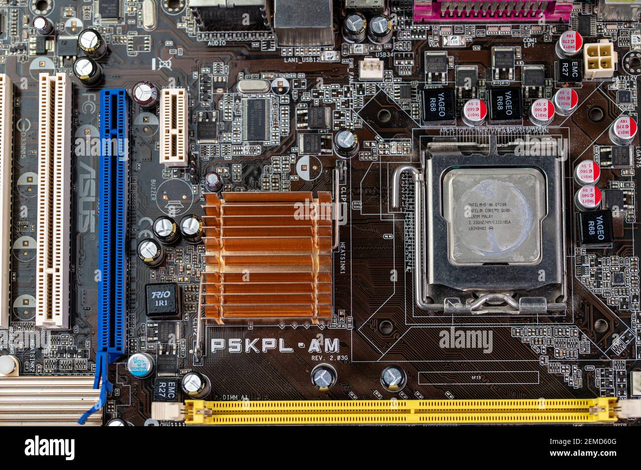 detail of a motherboard with connectors and heatsinks of a fixed ...