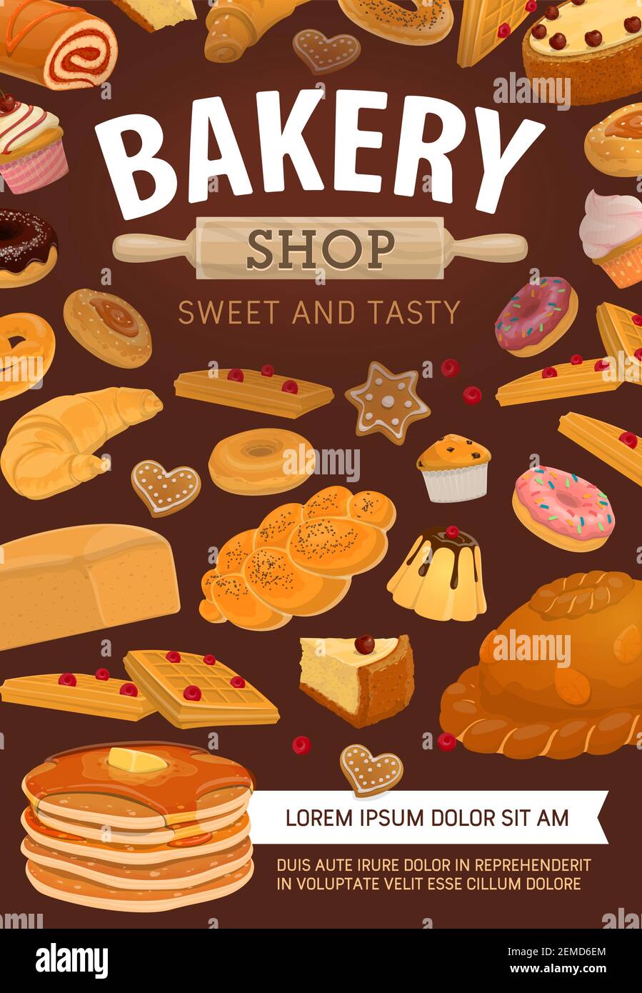 Bread, pastry, desserts and rolling pin, bakery shop vector poster ...