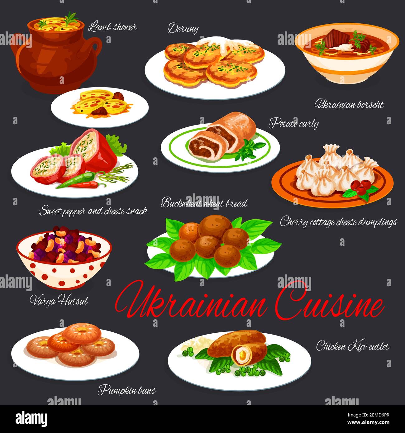 Ukrainian national cuisine dishes restaurant menu vector set. Borscht ...