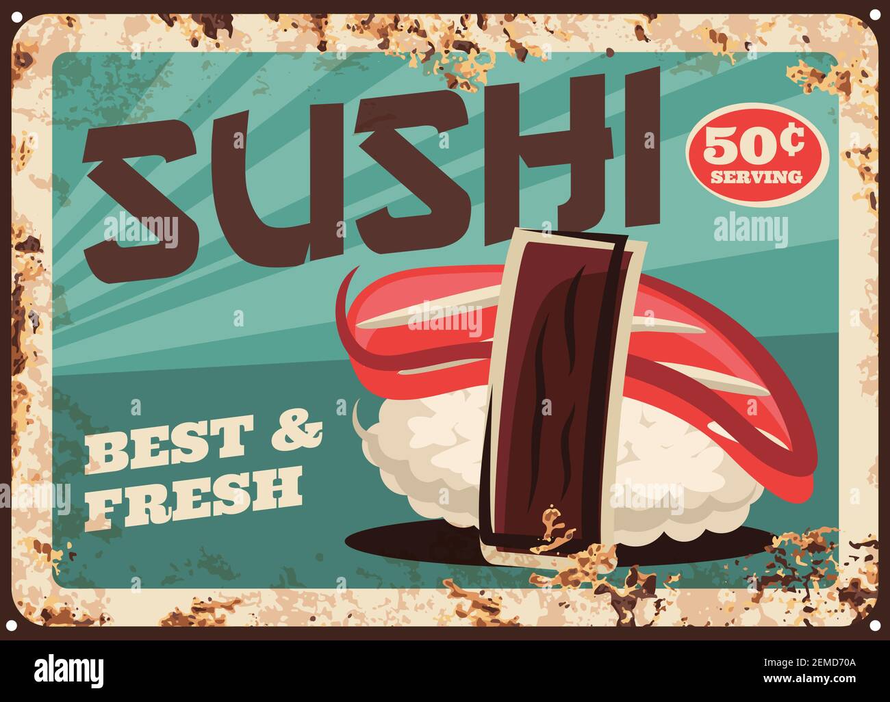 Sushi, Japanese cuisine vector retro vintage poster, metal sign with ...