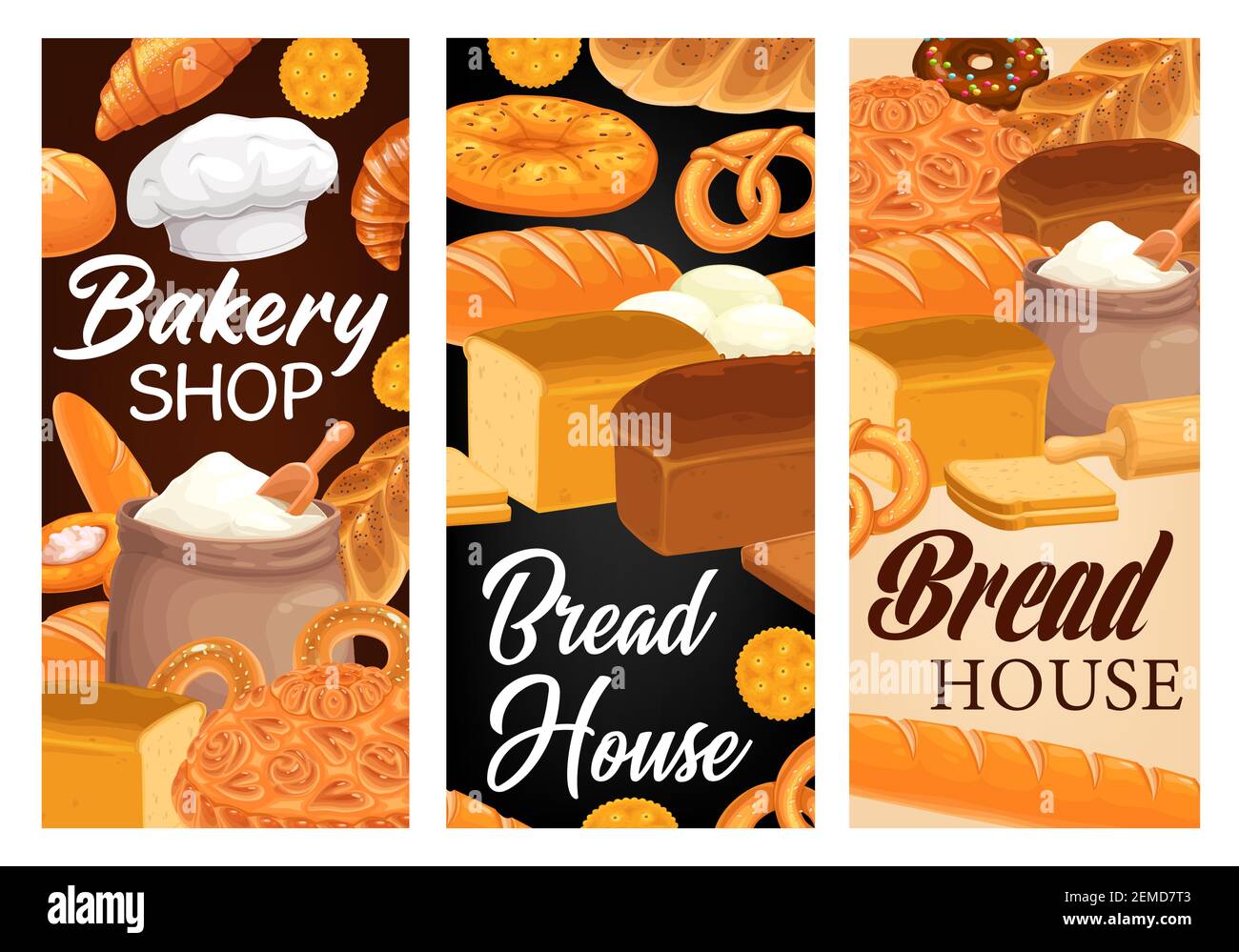 Bakery shop food banners with wheat bread and pastries. Vector baguette ...