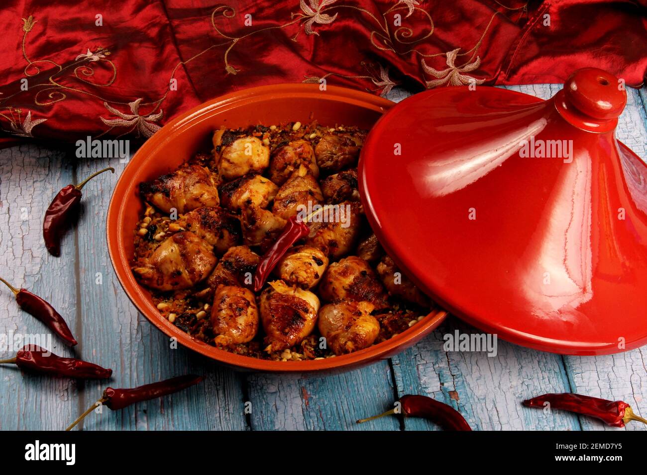 Traditional moroccan tajine of chicken with dried fruits and spices ...