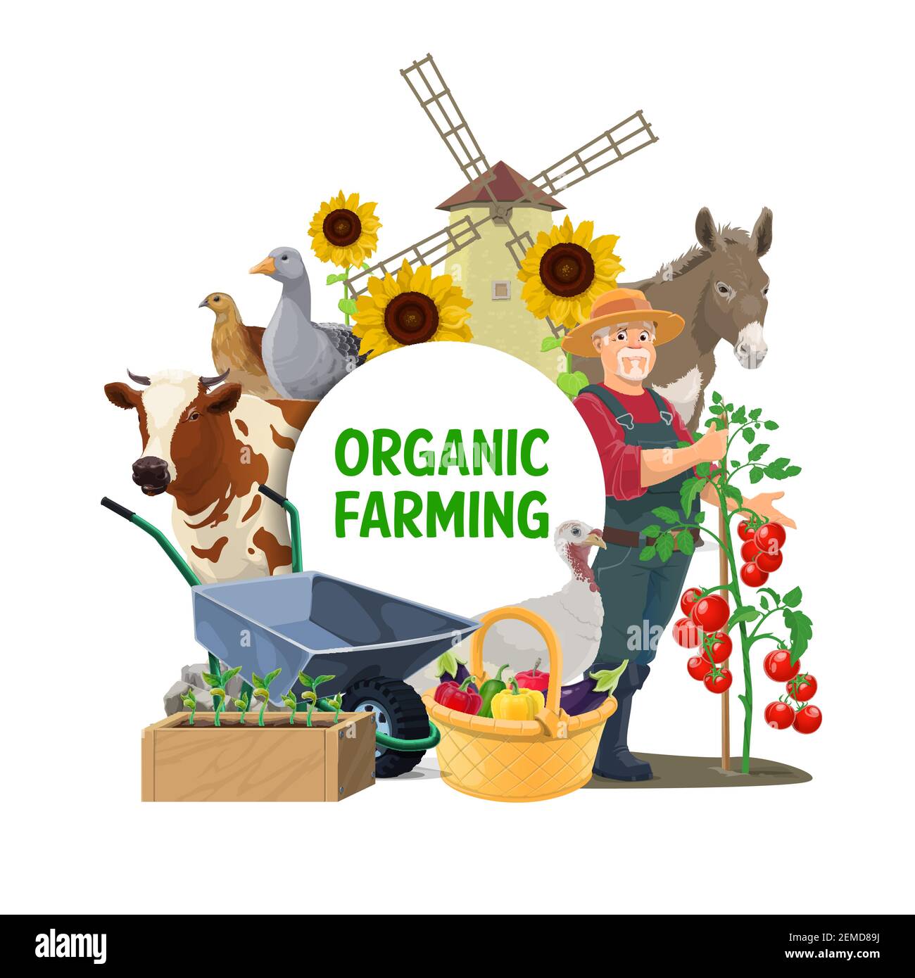 Farmer with farm animals and vegetables vector icon of agriculture and ...