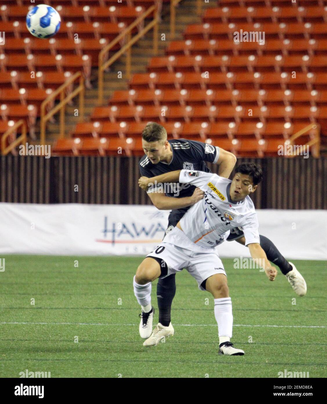 February 8, 2019 - Vancouver Whitecaps midfielder Brett Levis #46 gains a header over V-Varen ...