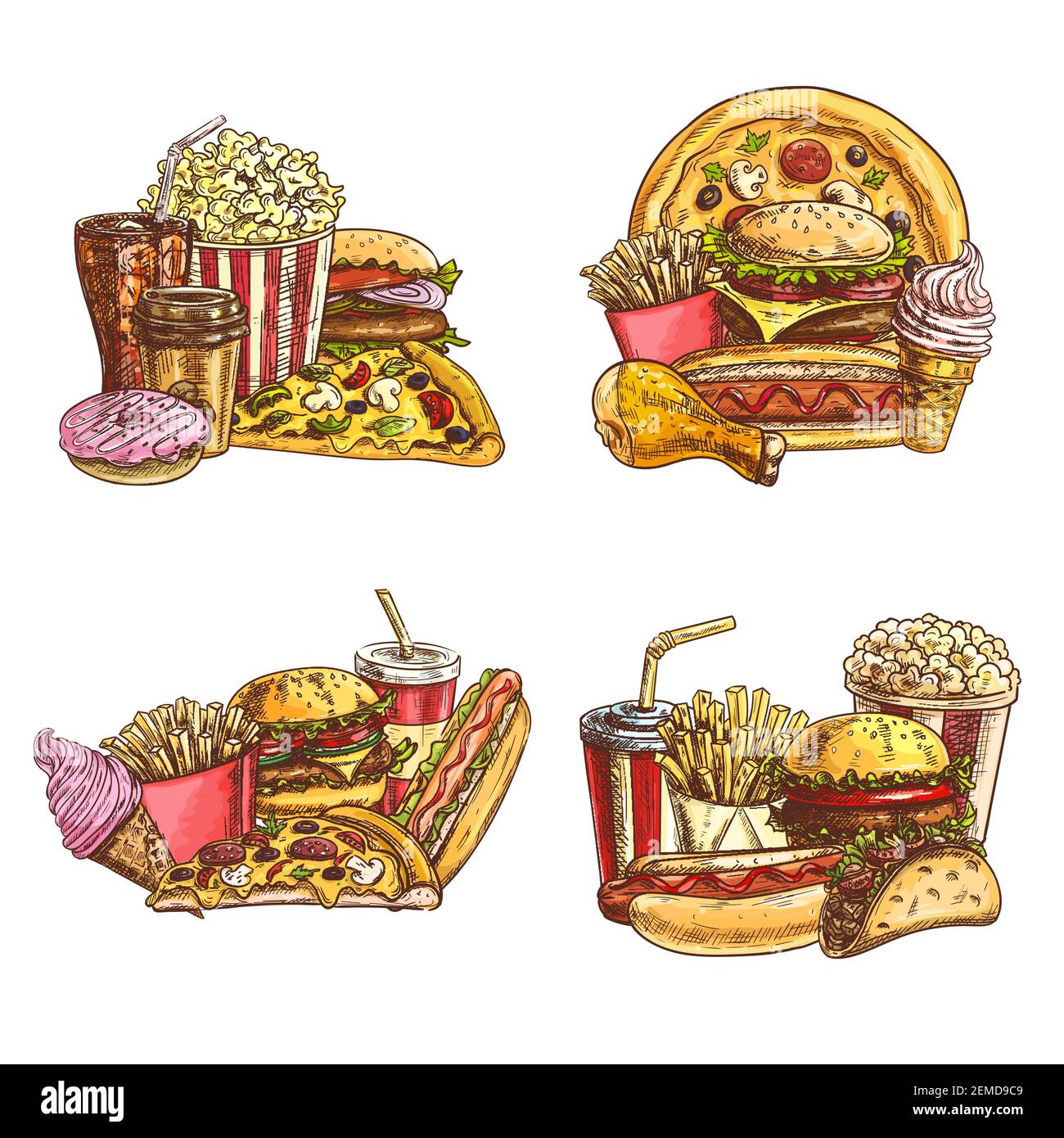 Takeaway fast food sketch. Vector fastfood pizza slice, hot dog and ...