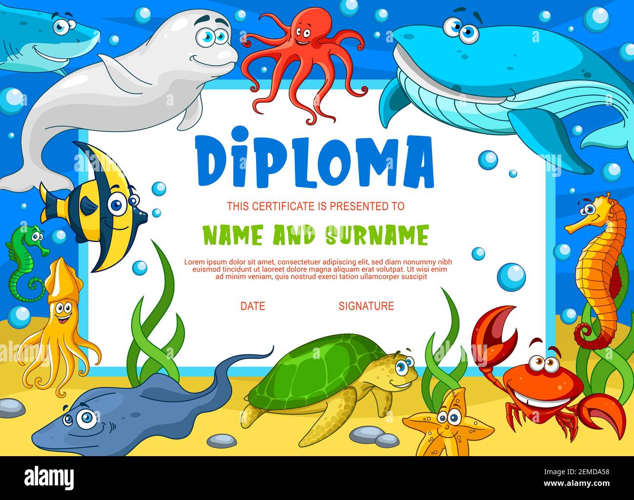 Kids diploma with underwater animals. Kindergarten vector certificate ...