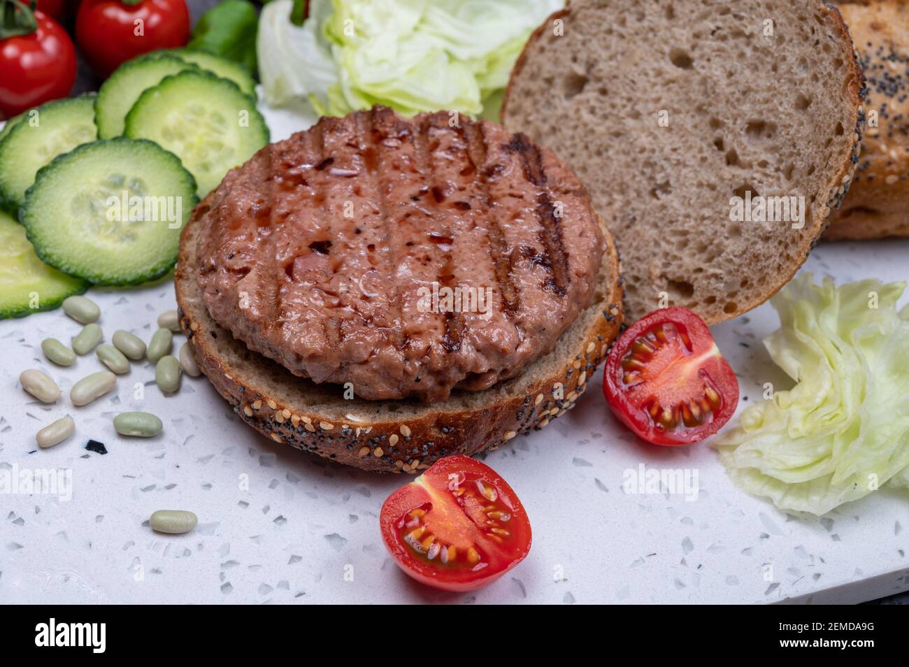 Making tasty vegetarian vegan hamburger from plant based soya beans ...