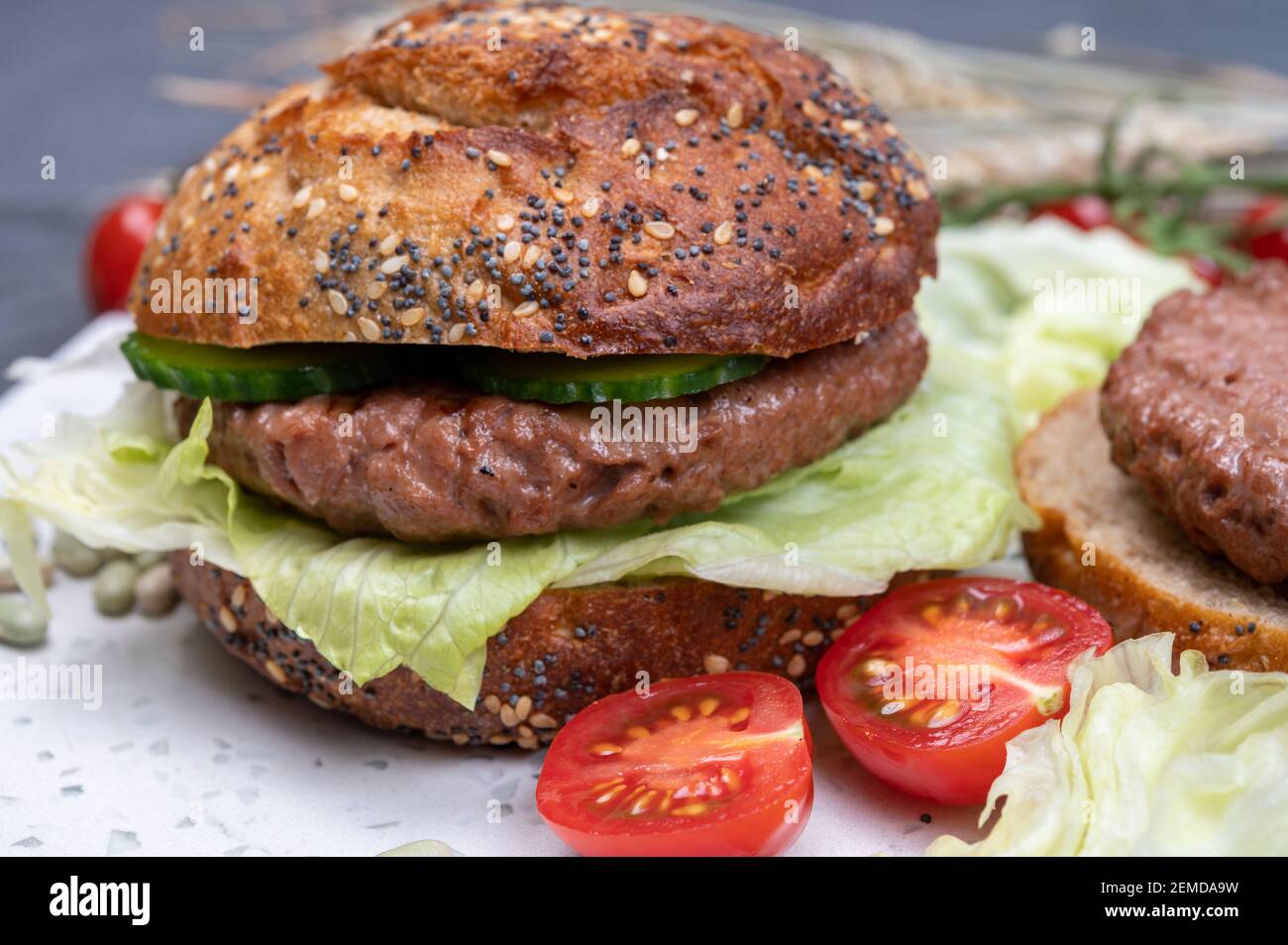 Making tasty vegetarian vegan hamburger from plant based soya beans ...