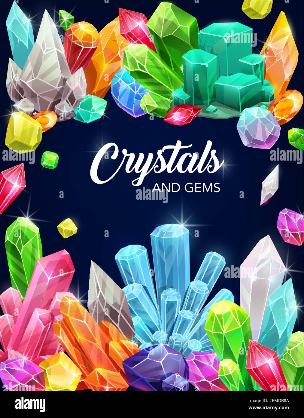 Crystal gems, cartoon vector poster with gemstones and jewel rocks ...