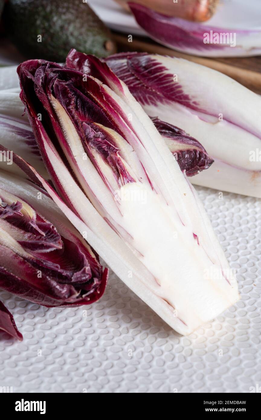 Healthy food, fresh Belgian endive red chicory lof lettuce close up Stock Photo - Alamy