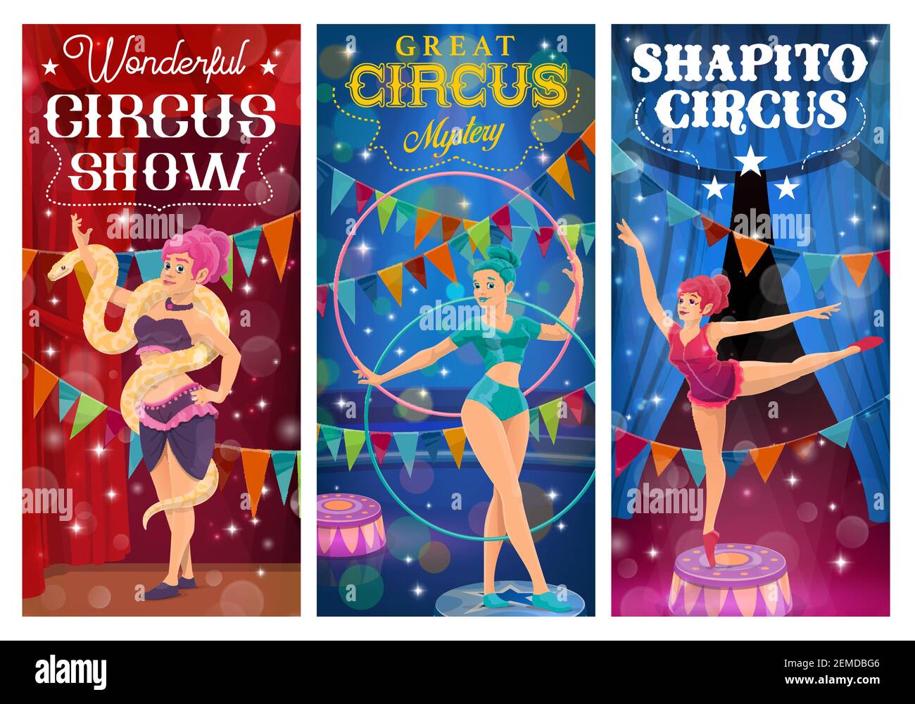 Circus performers vector banners. Big top gymnast, snake charmer and ...