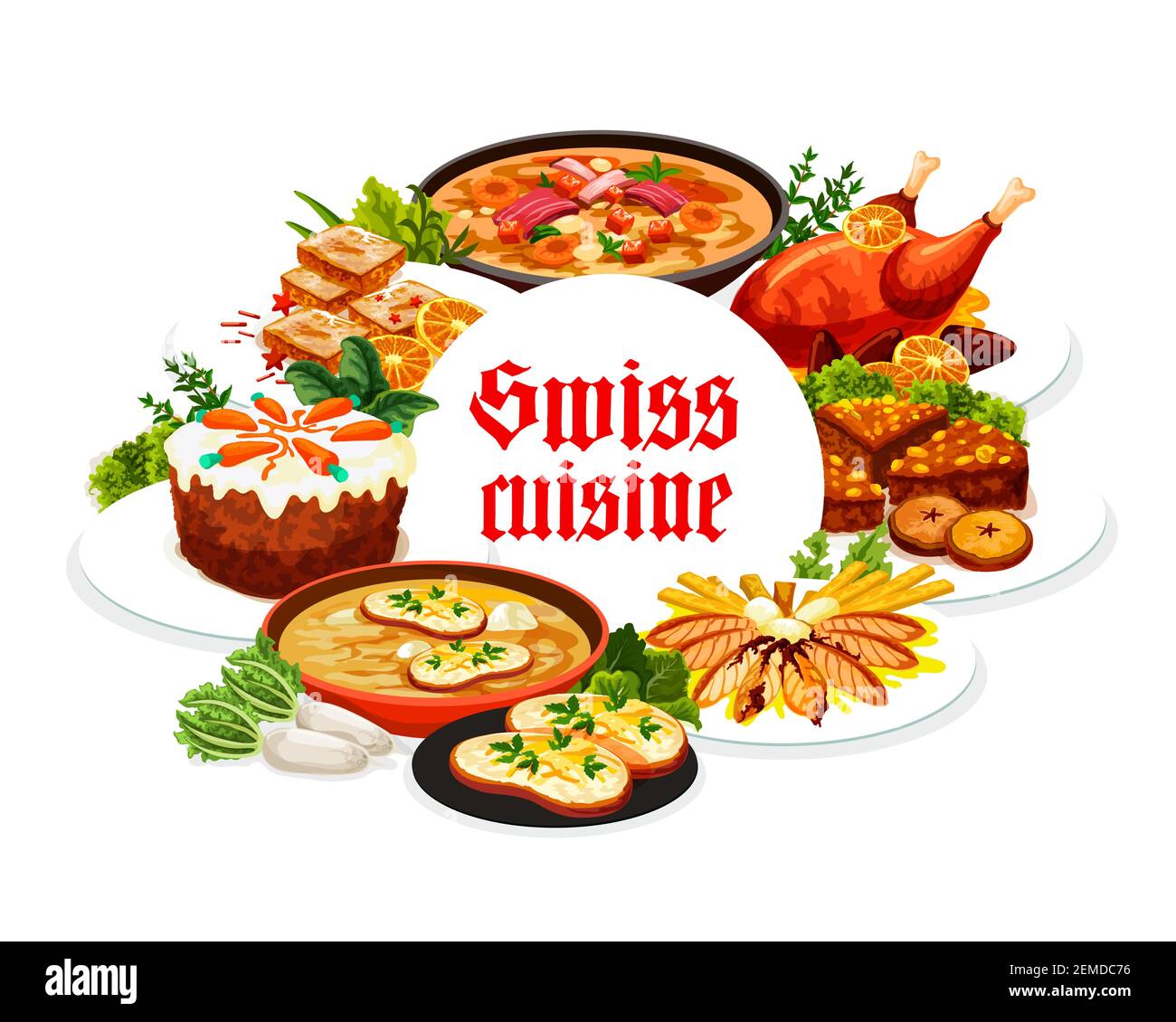 Swiss food cuisine vector gingerbread leckerli, duck with orange, bread ...