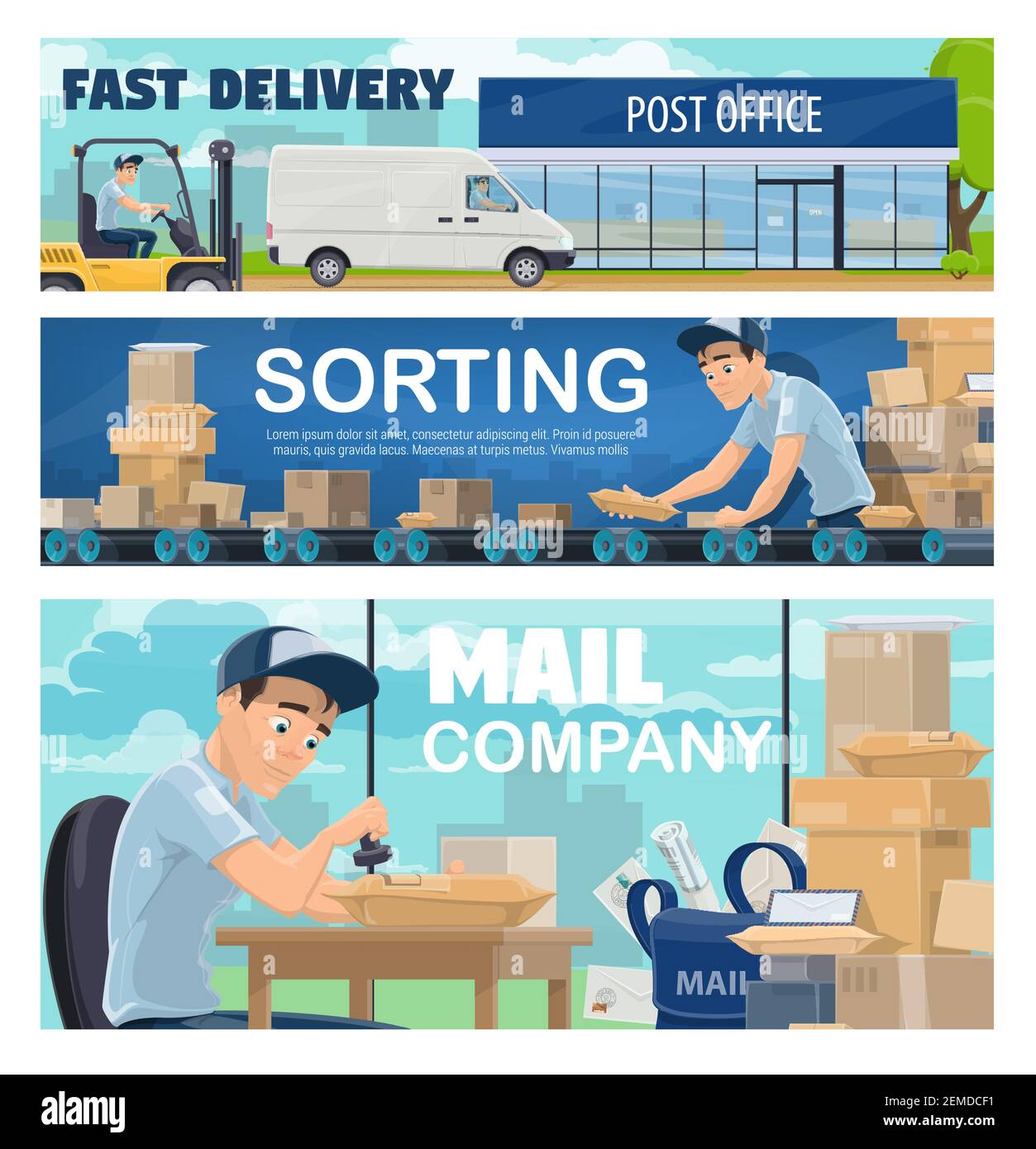 Postal office sorting line, delivery. Courier driving a van, postman or ...