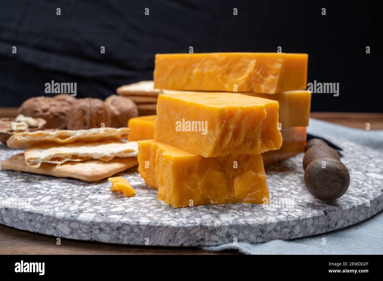 Cheese collection, orange and yellow smoked British cheese from England ...