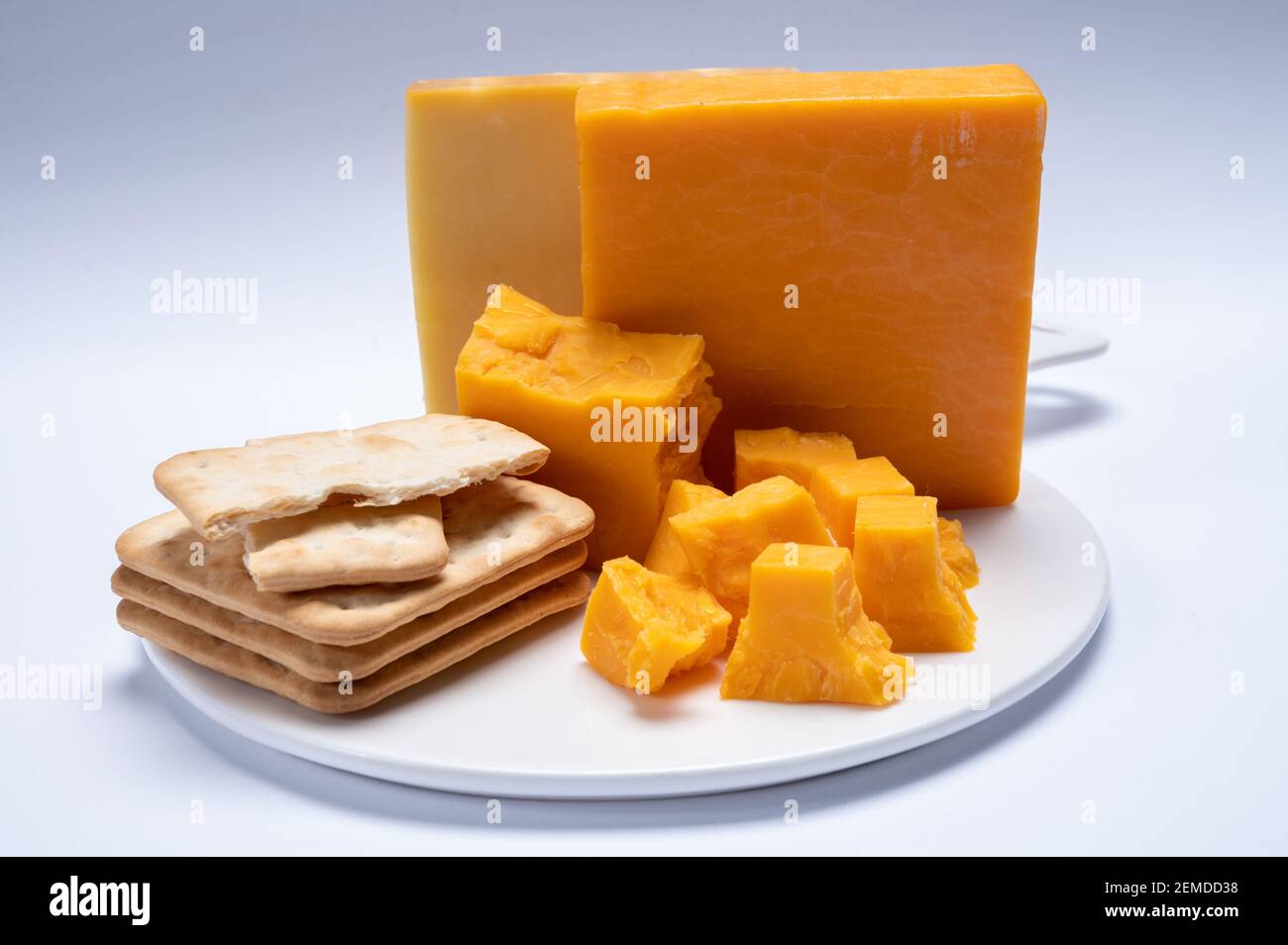 Cheese collection, orange and yellow smoked British cheese from England ...