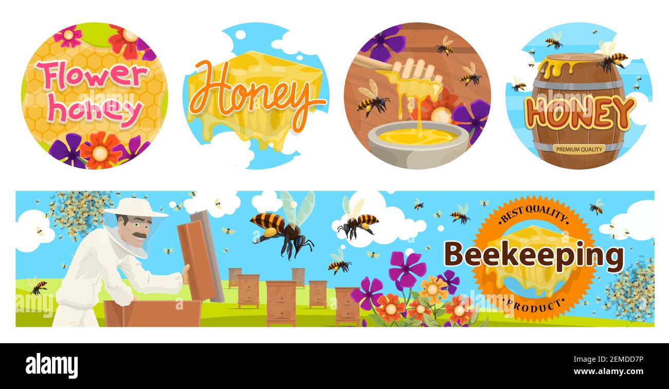 Beekeeping, apiary agriculture vector banners with beehives, beekeeper ...