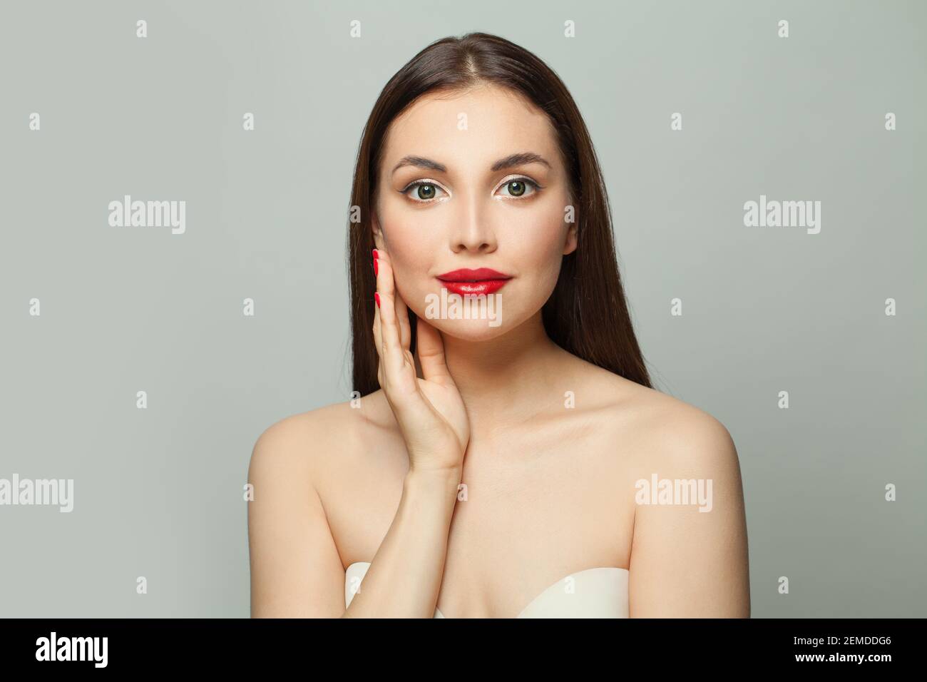 Portrait of beautiful healthy model woman on white background Stock ...