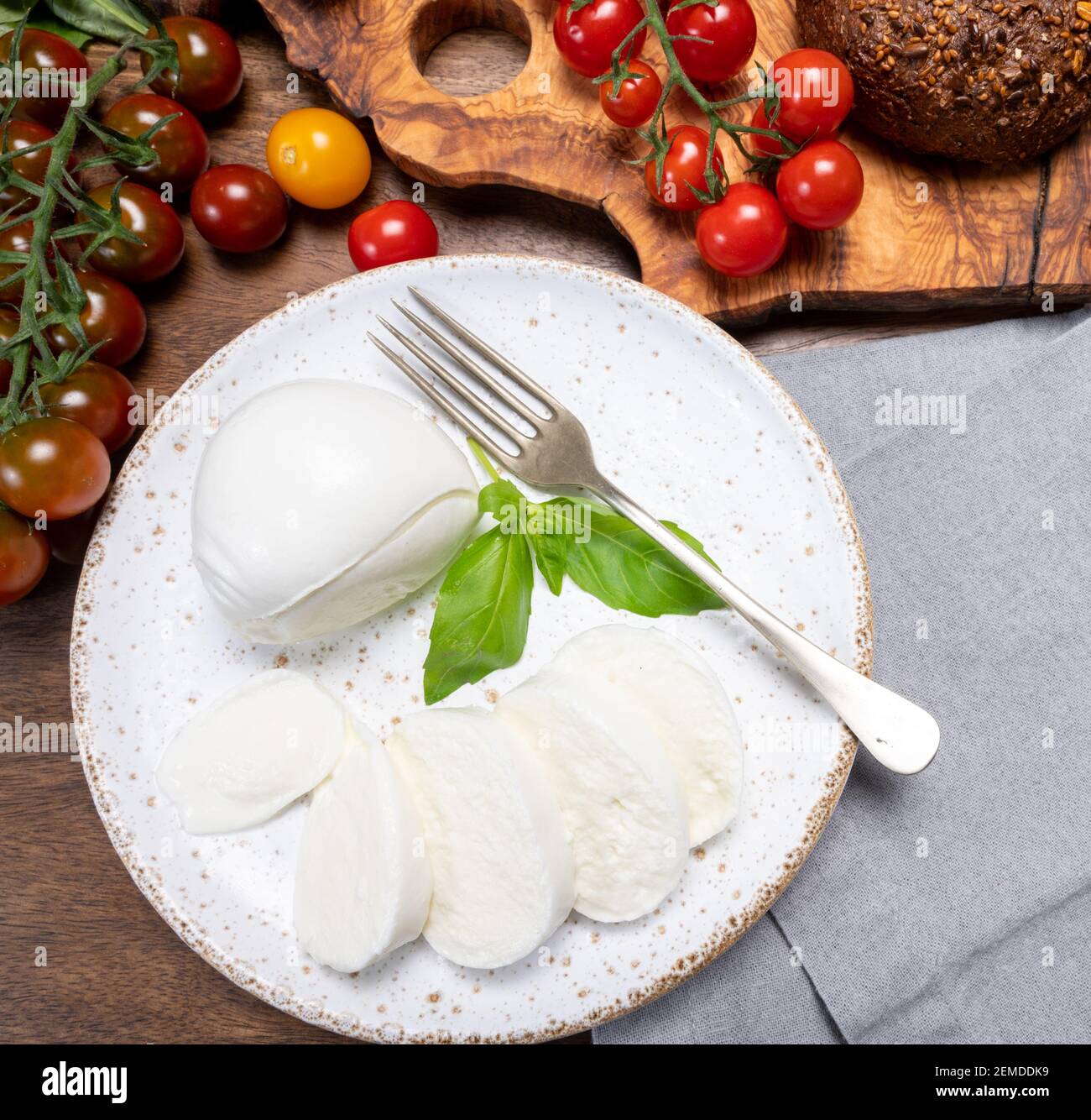 Cheese collection, eating of white soft Italian cheese mozzarella ...