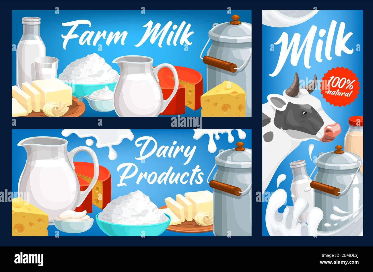 Dairy and milk farm products vector banners. Whole cow milk in glass ...