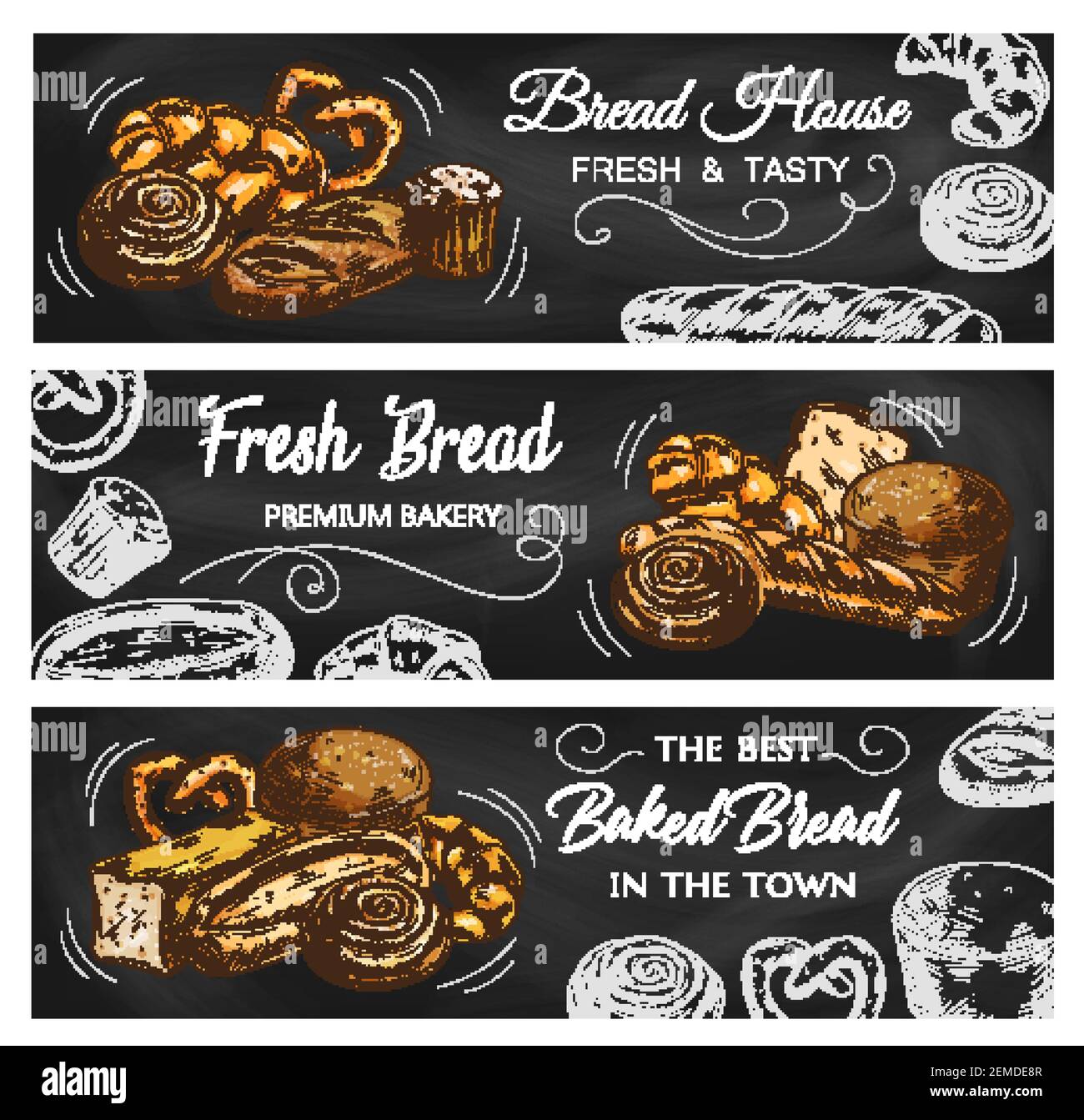 Bread and pastry chalkboard sketch vector banners. Bakery shop buns ...