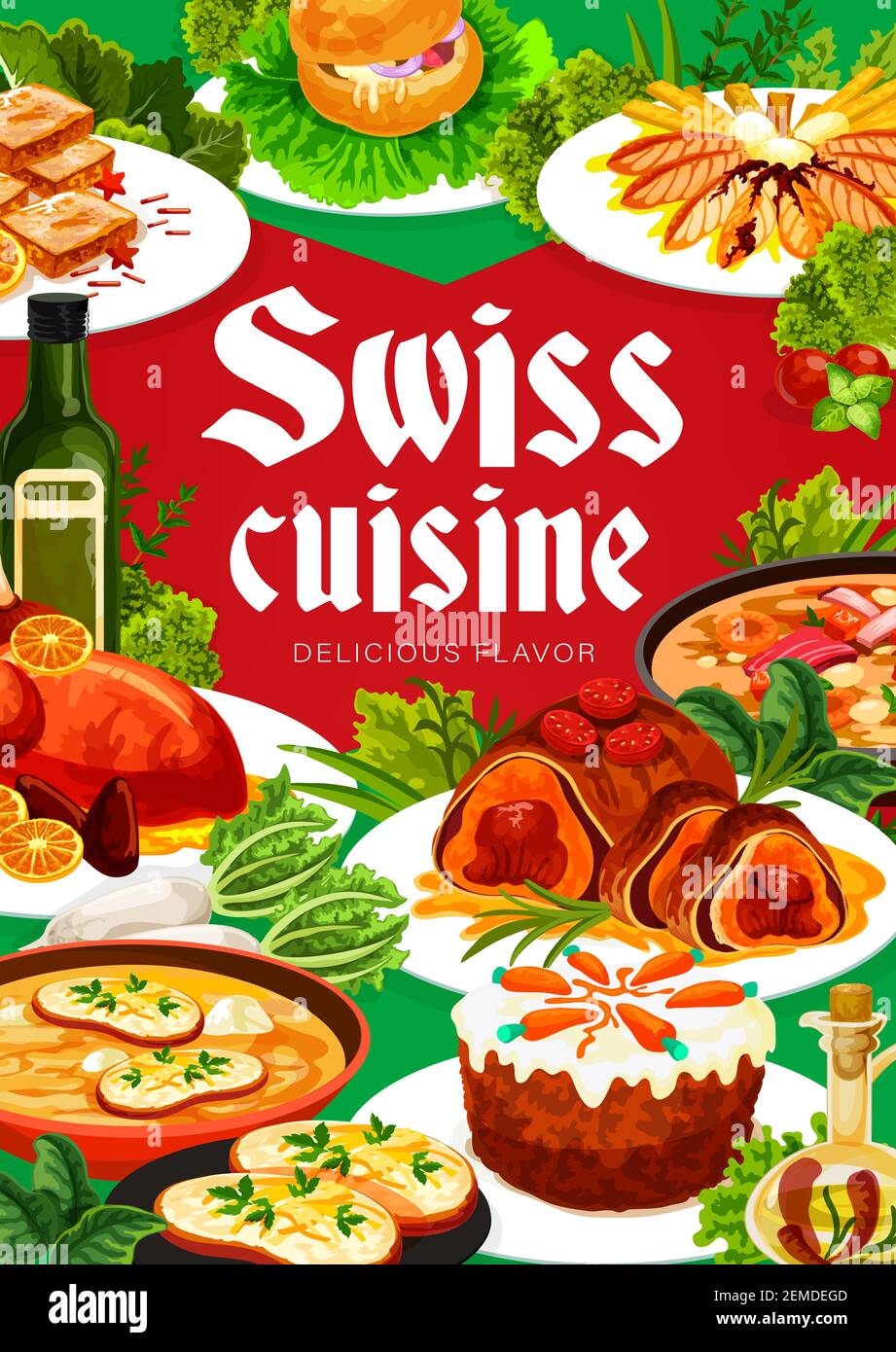 Swiss cuisine. Restaurant meat dishes and pastry desserts, vector ...