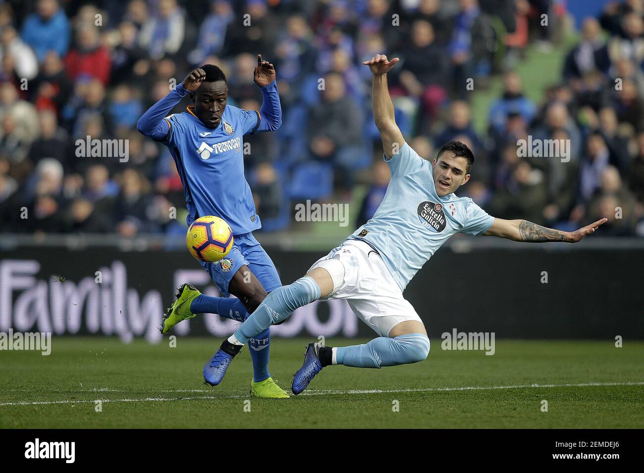 Getafe CF's Djene Dakoman and Celta de Vigo's Sofiane Boufal during La Liga match. February 09 ...