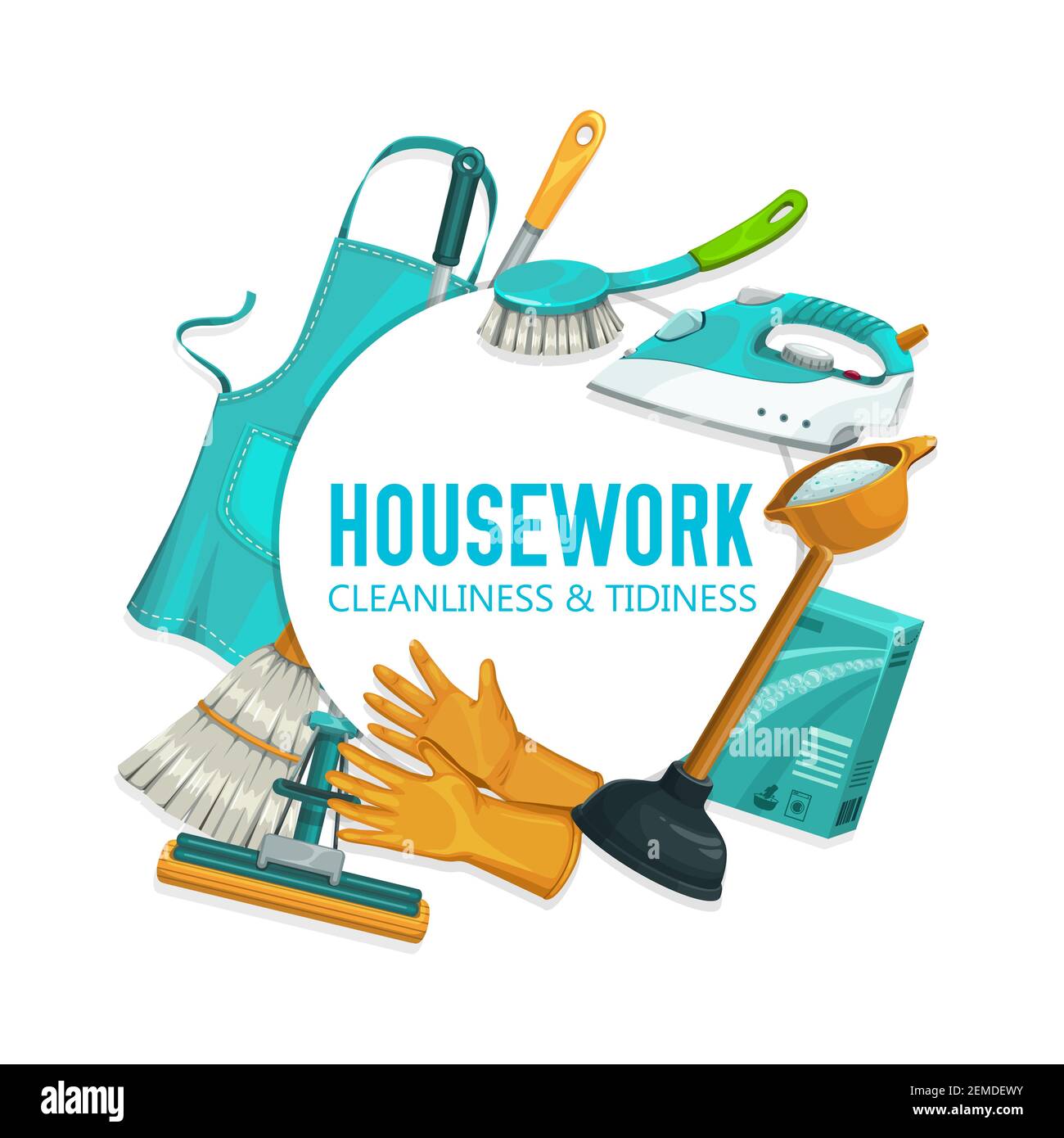 Housework tools and utensils. Vector house cleaning supplies, laundry ...