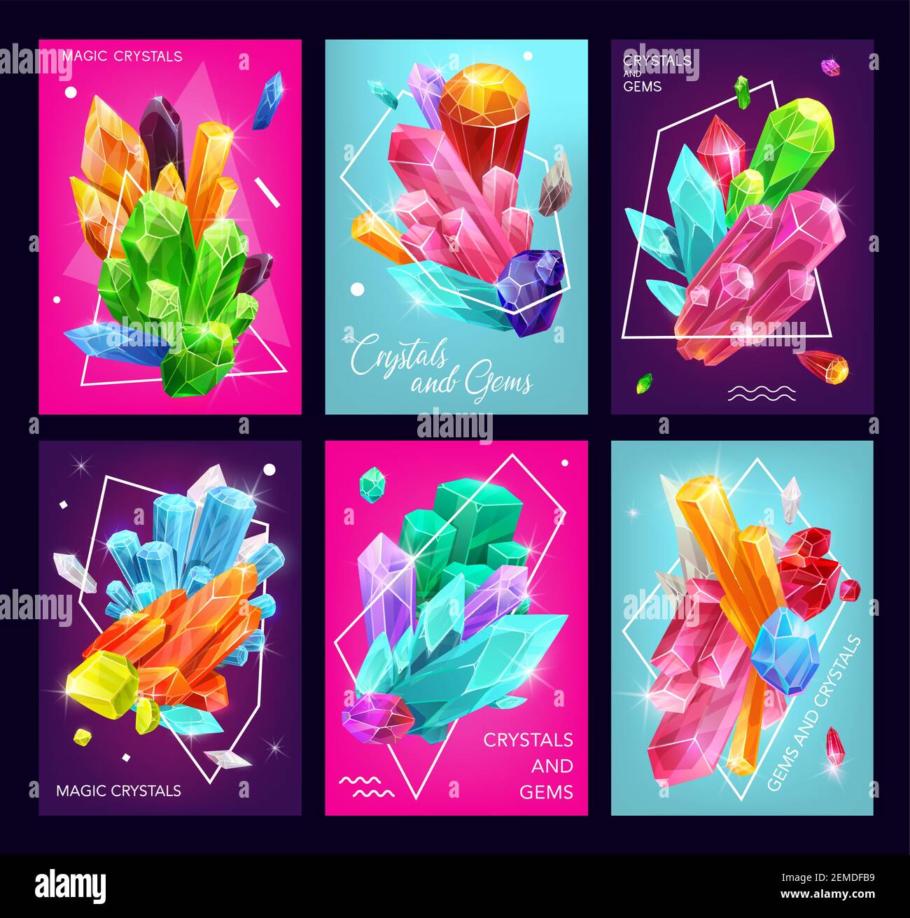 Magic crystal and gem vector banners of gemstones, jewelry stones and ...