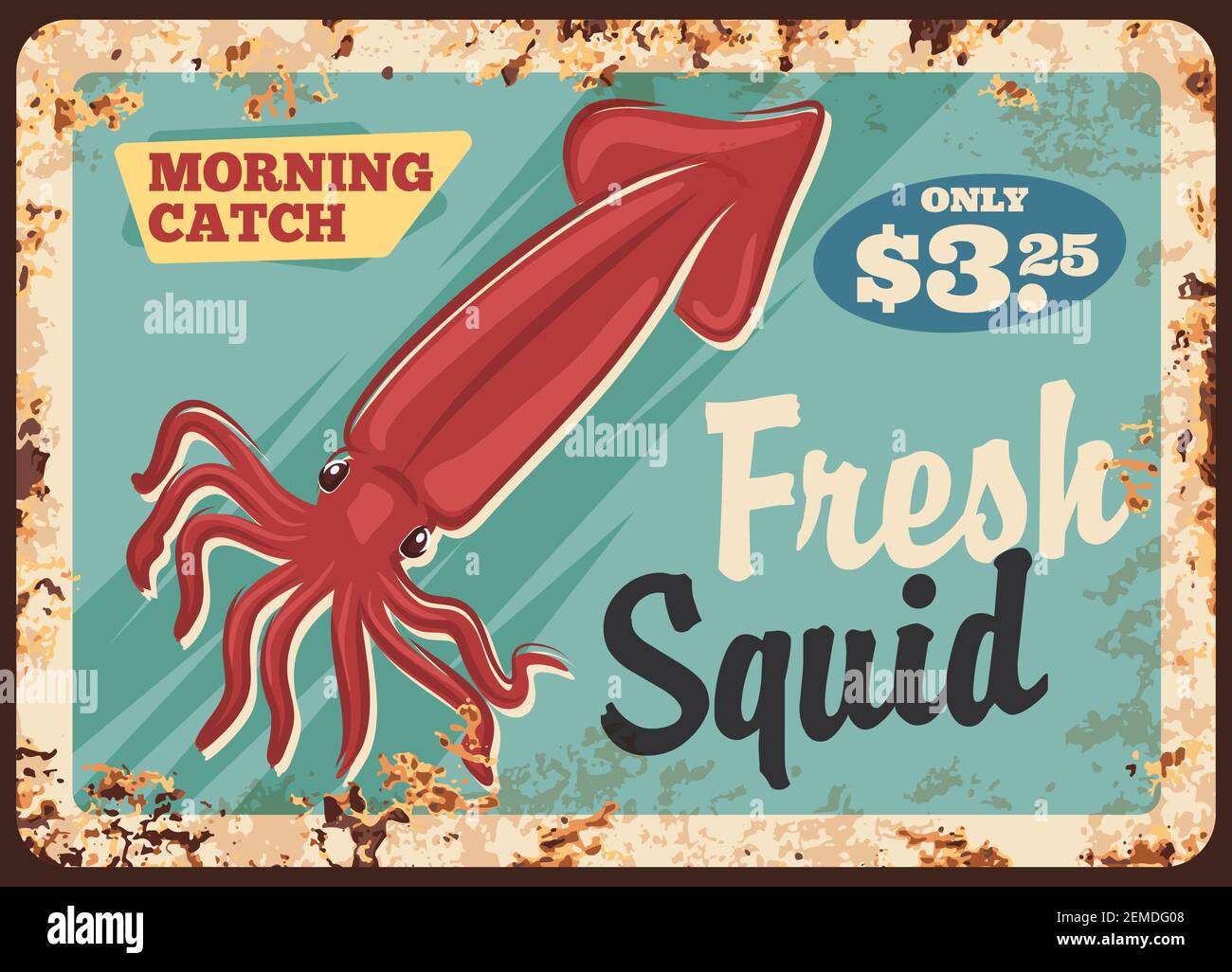 Squid seafood metal rusty plate, vector. Sea squid meat and fillet ...