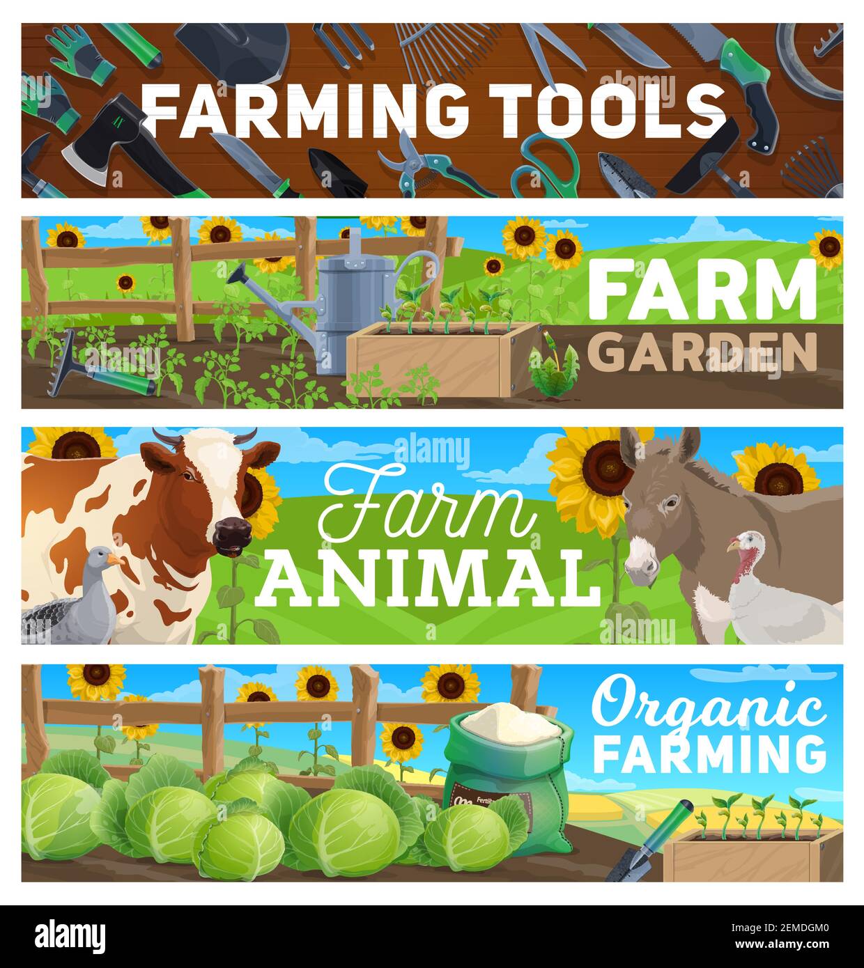 Farm gardening, farming agriculture tools, animals cattle at field ...
