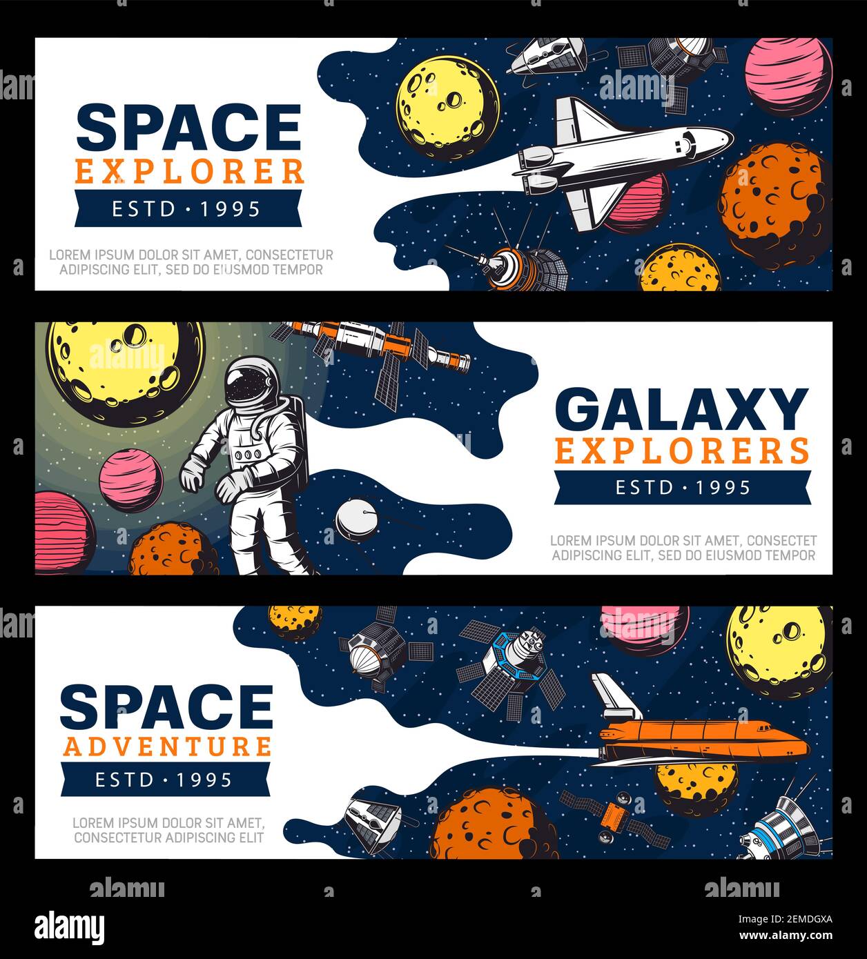 Galaxy explore, astronauts and space shuttles vector banners. Galaxy ...