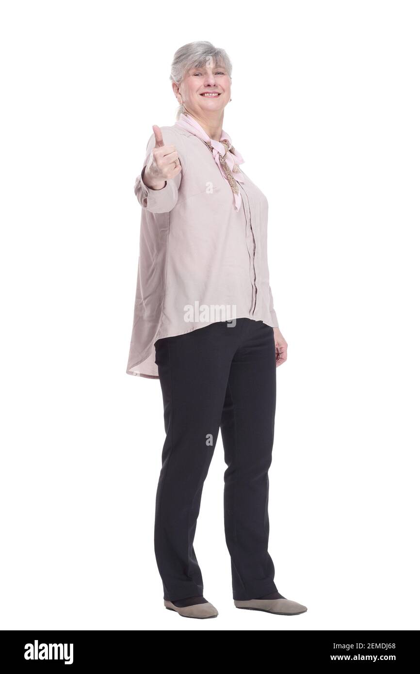 smiling old lady pointing at you. isolated on a white background Stock ...